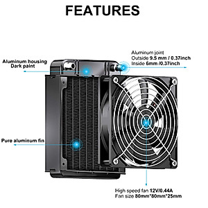 Clyxgs Water Cooling Radiator, 8 Pipe Aluminum Heat Exchanger Radiator with Fan for PC CPU Computer Water Cool System DC12V 80mm Black