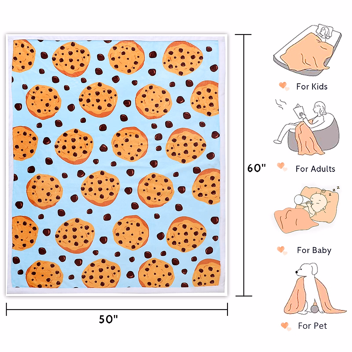 Jurllyshe Cute Cartoon Food Theme Throw Blanket Chocolate Cookies Pattern Fleece Blanket for Boys and Girls Funny Gifts for Kids and Adults (Cookies, 50"x60")