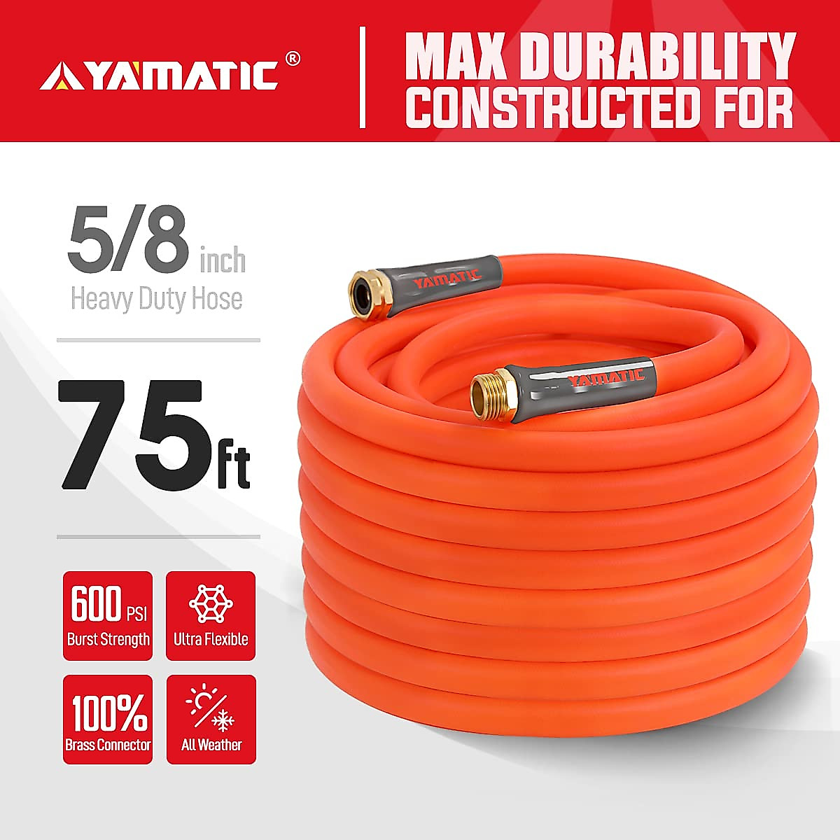 YAMATIC Heavy Duty Garden Hose 5/8 in x 75 ft, Super Flexible Water Hose, All-weather, Lightweight, Burst 600 PSI
