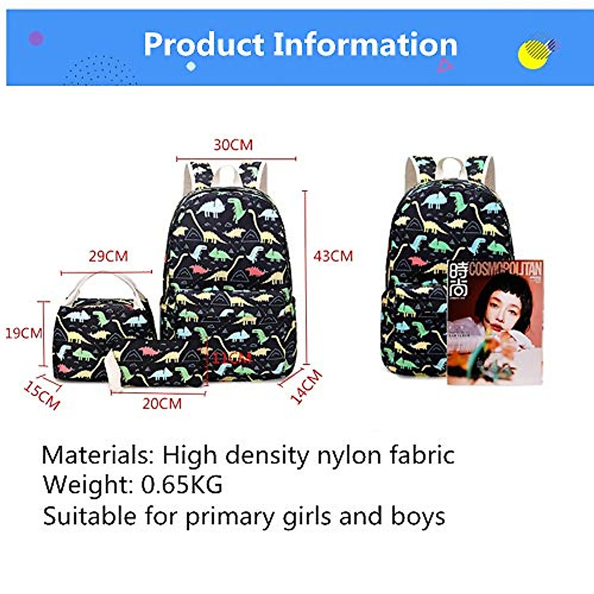 3Pcs Cool Dinosaur Prints Elementary Girls Boys Backpacks with Lunch Bag, Capacity School Bag Back Packs for Boys