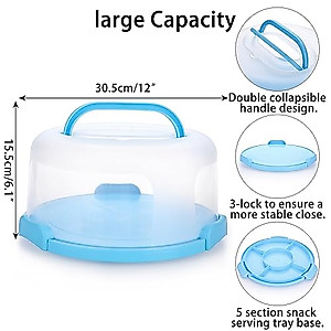 BSTKEY Portable Cake Carrier with Lid and Handle, Cake Turntable + Cupcake Storage Tray for Transport, 10" Round Cake Container Holder with Two Sided Base for Pies Nuts Fruit Cookies, Blue