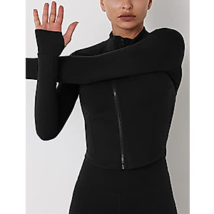 Fenclushy Womens Cropped Slim Athletic Yoga Workout Track Sports Zip Up Jacket with Thumb Holes(Black,M)