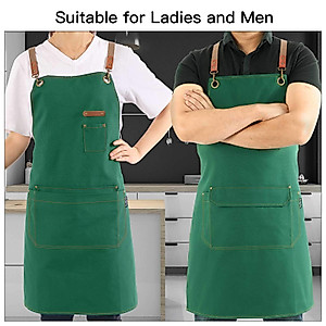 RockyToy Chef Apron with Pockets, Cotton Canvas Apron for Artists Painting, Kitchen Cooking for Men and Women, Adjustable Size S-XXL, Green