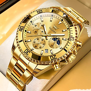 OLEVS Mens Watches Gold Chronograph Luxury Dress Moon Phase Quartz Stainless Steel Waterproof Luminous Business Calendar Wrist Watch