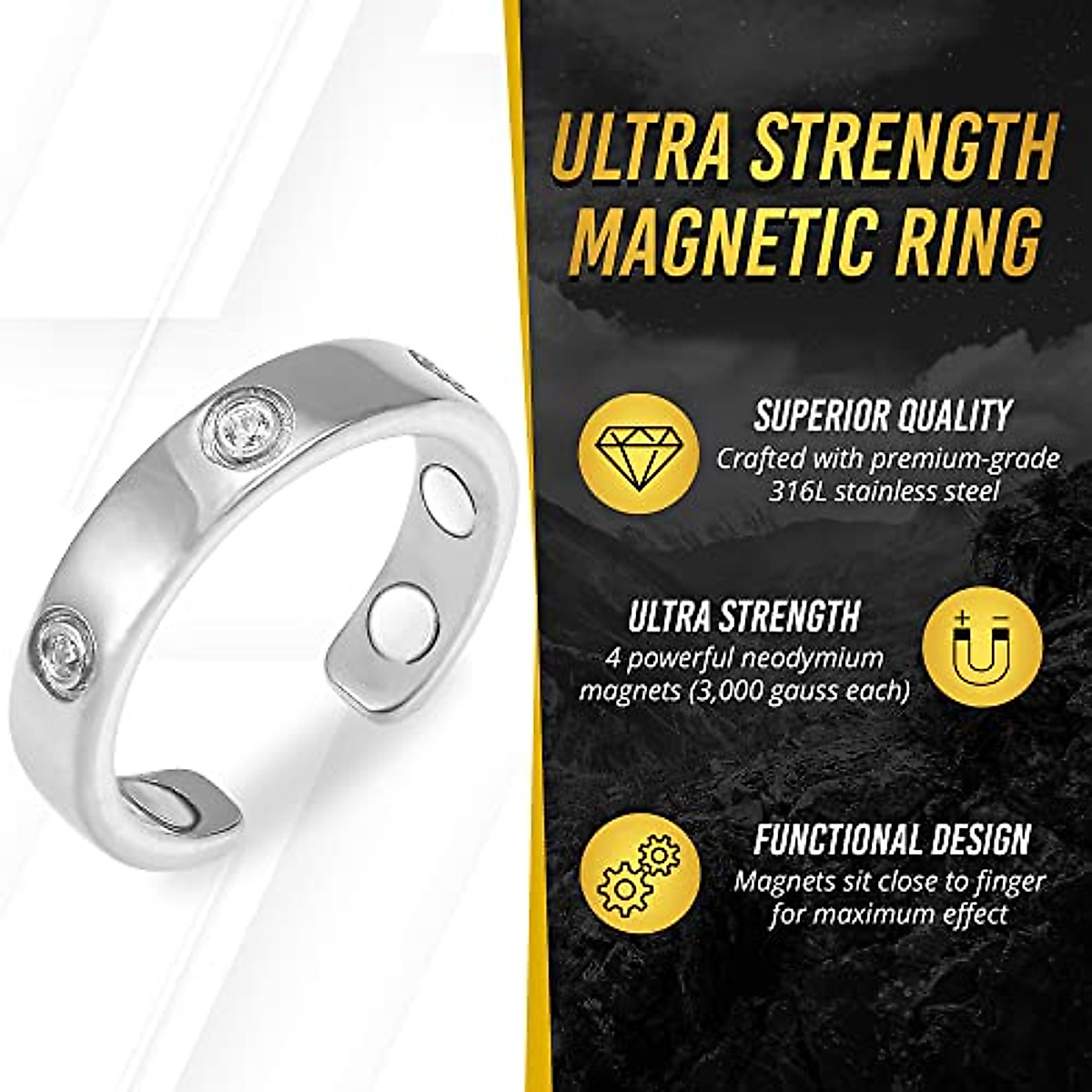 MagnetRX® Magnetic Ring Women - Elegant Crystal Ring - Magnet Rings Women (Silver | Ring Size: 8)