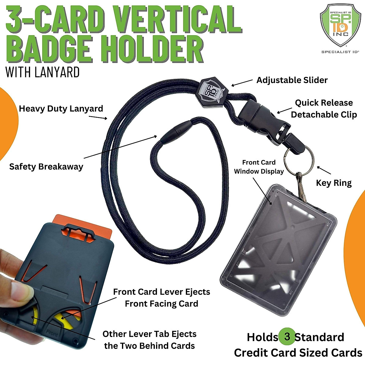 Specialist ID Vertical Top Load Three Card Badge Holder - Hard Plastic with Heavy Duty Breakaway Lanyard w Quick Release Metal Clip & Key Ring (One Holder / 3 Cards Inside) (Black)