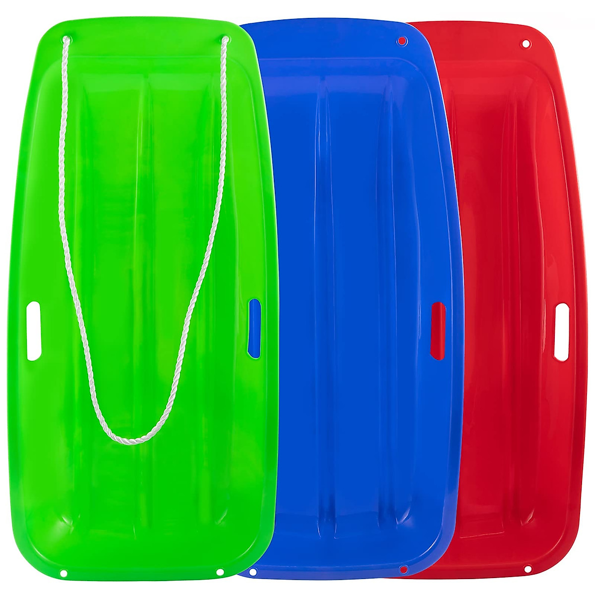 3Pack Plastic Snow Sled for Kids & Adults 35" x 17" - Flexible Toboggan Sleds with Pull Rope & Two Handles for up to 2 Sledders Winter Snow Sledding Downhill Outdoor, S