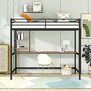 Voohek Metal Multifunctional Loft Bed Full-Size, Bedframe with Desk and Guardrail, Shelve and Ladder, for Kids, Adults, Bedroom, No Box Spring, Black