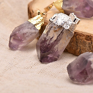 Natural Healing Crystal Purple Amethyst Rough Stone Pendant Necklace, White Gold Tone
