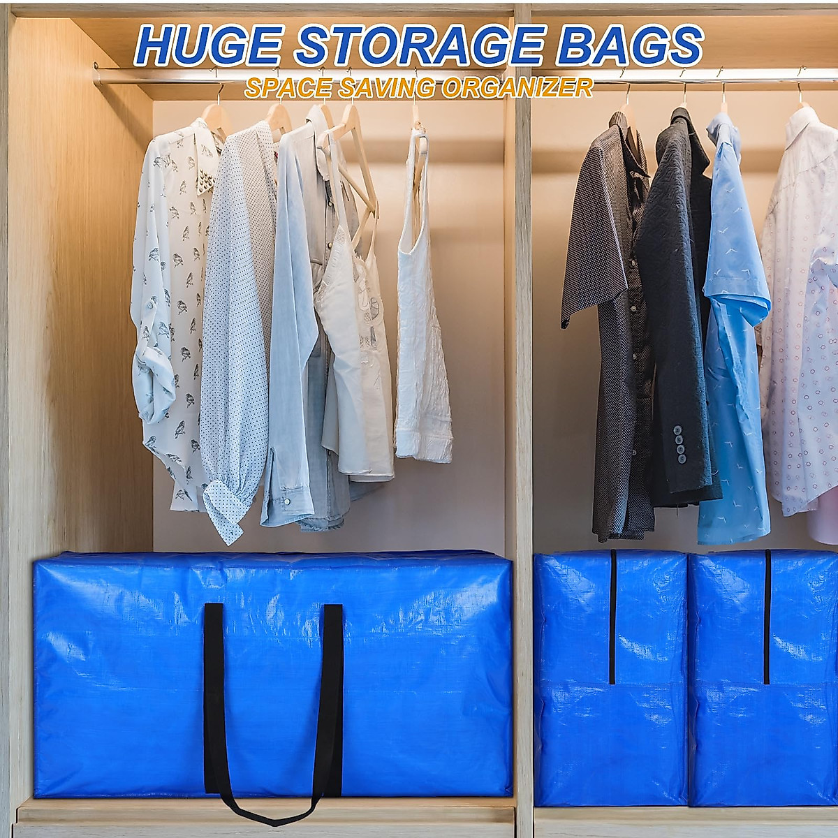 Windyun 4 Pcs Extra Large Storage Bags XL Storage Bags Heavy Duty Moving Bags Totes Moving Boxes Supply for College Foldable Duffle Bag for Travel Clothes Bedding Moving Supplies (Blue,57 Gallon)