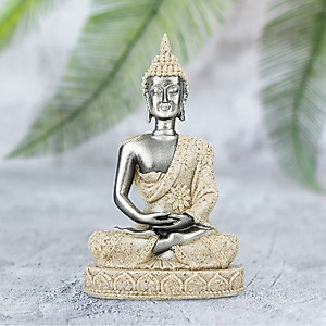 GoYonder Sandstone Buddha Statue for Home Decor, 4.3" Rustic Buddha Decor Thai Shakyamuni Figurine, Hindu Decor for Meditation Altar with Bronze Finish