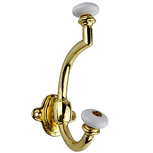 UNIQANTIQ HARDWARE SUPPLY Brass Plated with Ceramic Ball Hat and Coat Hall Tree Hook | Double Coat Hook | Wall, Hall Tree, Rack Vintage Coat Hooks for Hanging Garment | H21-P2351BP (1)