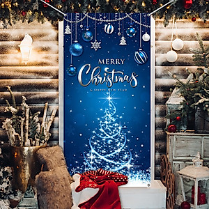 Christmas Decorations Merry Christmas Door Cover Christmas Background Banner Xmas Door Hanging Covers Photo Booth Props for Christmas Party Decorations Supplies, 70.9 x 35.4 Inch (Blue Style)