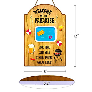 FLYAB Funny Patio Decor Sig Welcome to Our Paradise Sign 8"x12" Patio Decoration Sign Outdoor Pool Backyard Bar Sign Farmhouse Sign Plaque for Backyard Home Wall Decoration