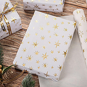Flyhill White Wrapping Paper-17inch*197inch（ 23.4sq.ft.ttl Per Roll - White Gold 3D Embossed Foil Star Pattern for Christmas,Birthday, Party,Wedding,Bridal Shower Shower,Thanksgiving