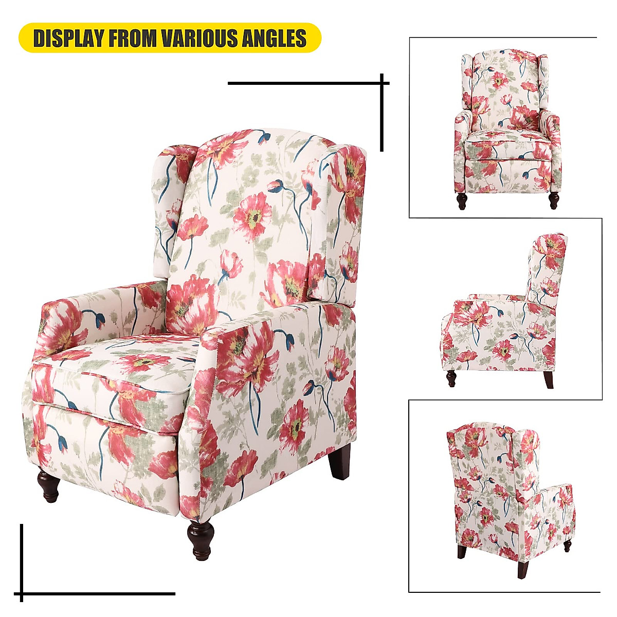 Consofa Wing Back Recliner Chair, Traditional Push Back Recliner Chair with Padded Seat, Upholstered Tufted Fabric Wingback Chair with Wooden Legs, Floral Accent Chairs for Living Room