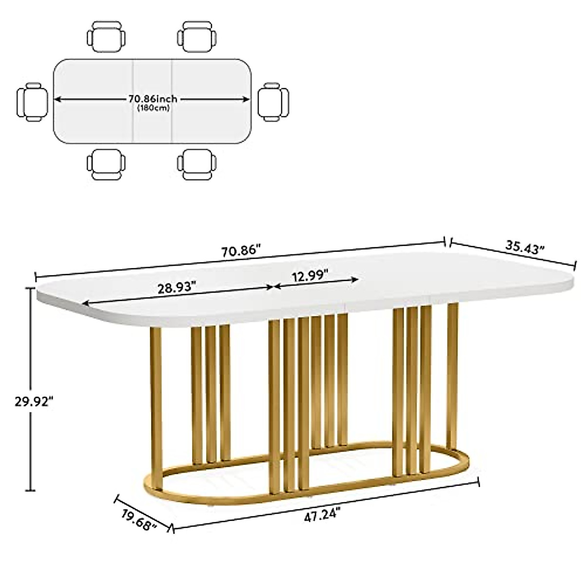 Tribesigns Gold Dining Table for 6, 71” Modern White Kitchen Table, Rectangular Dining Room Table with Heavy Duty Oval-Shaped Metal Frame, White/Gold