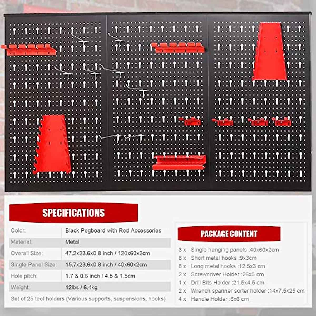 HPDMC Pegboard Wall Organizer 48'' Wide Garage Tool Pegboard Standard Tool Storage Kit - (3) Black Pegboard and Red Accessories