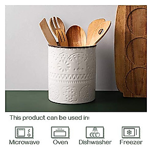 DOWAN Kitchen Utensil Holder, 7.2”Extra Large Farmhouse Utensil Holders for Countertop, White Ceramic Utensil Crock, Anti Slip & Scratch Cork Bottom, Utensil Holder for Kitchen Counter