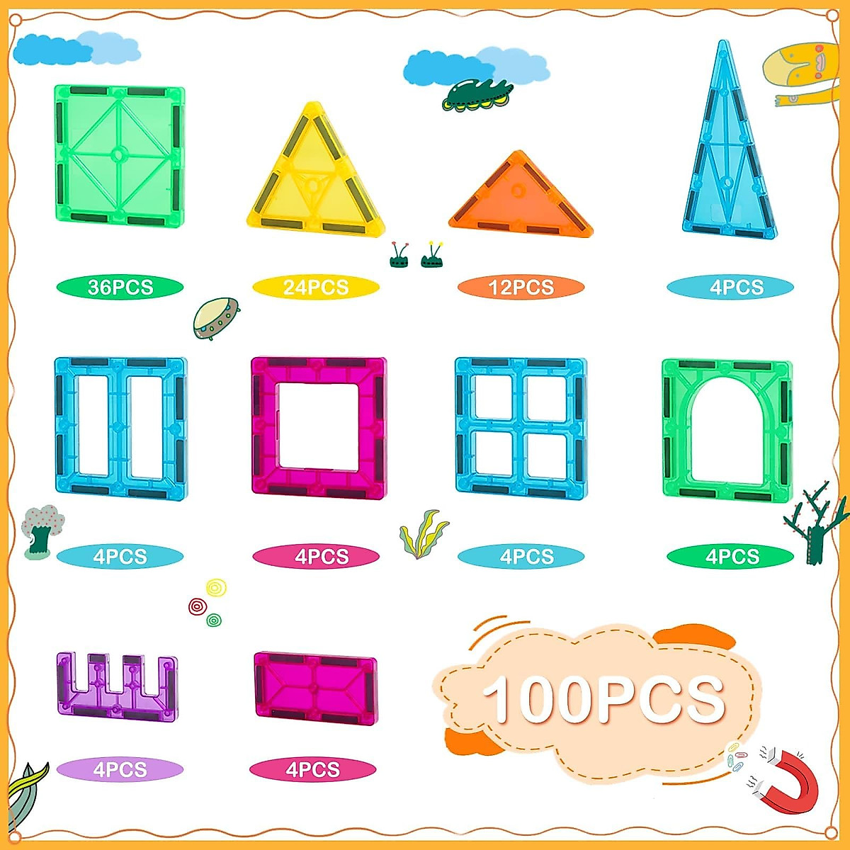 CuteTiger Magnetic Tiles, Magnet Tiles, 100 Pcs Magnetic Building Blocks No Cars, Square Building Castle, Preschool Toys, STEM Stacking Construction Montessori Toys for Kids