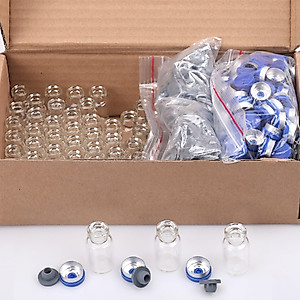 Alyoen 100 Pack 10ml Glass Vials Clear Glass Headspace Vial with Plastic-Aluminum Flip Caps, Rubber Stoppers and Label Papers, Small Glass Lab Vials