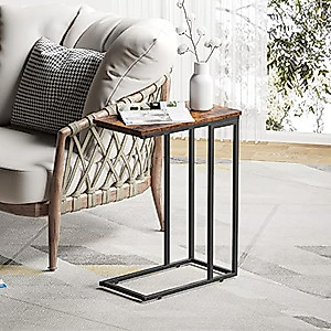 Yusong Small C Shaped End Table, Slim Couch Side Tables Slide Under Sofa Bed, Skinny Snack Tray Table for Coffee Laptop in Living Room,Easy Assembly, Rustic Brown