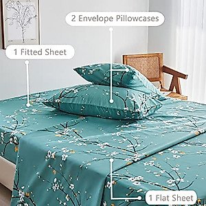 ZRNBAST Teal Sheet Set 4 Pcs Full Sheet Set Floral Print Flat Sheet Fitted Sheet Farmhouse Shabby Bedding Sheets Easy Fit Microfiber Sheets-All Seasons (Teal, Full)