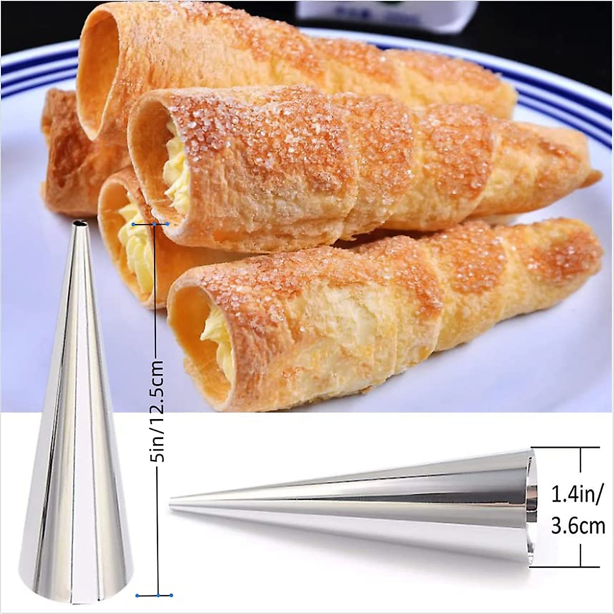 AMBESTAR 10 Pack Cream Horn Molds for Baking +10 Pack Cannoli Tubes Stainless Steel, 5 inch Large Size Cream Horn Mould and Cannoli Tubes for Baking Cream Horns, Brioche Rolls