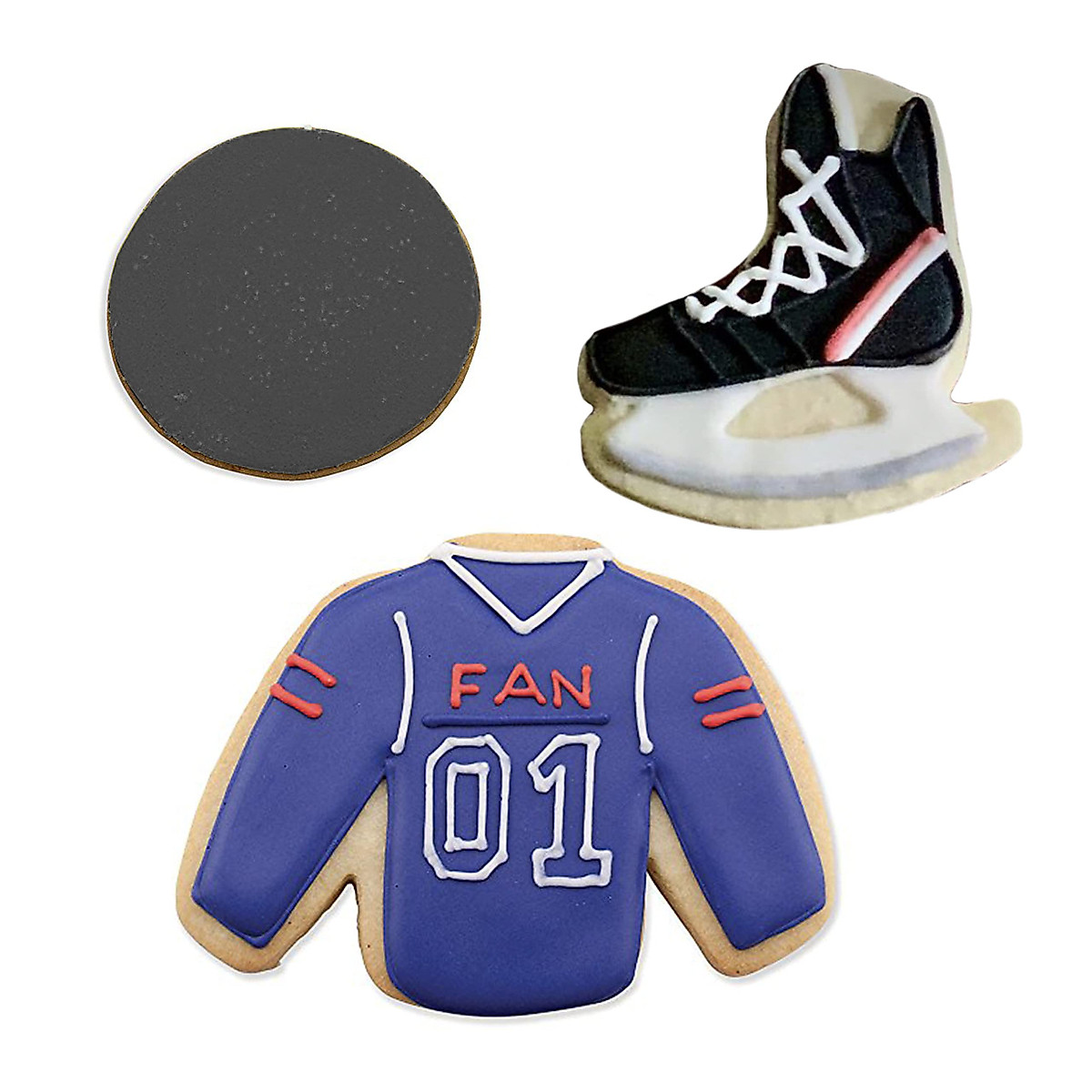 Ice Hockey Cookie Cutters 3-Pc. Set Made in the USA by Ann Clark, Jersey, Skate, Puck