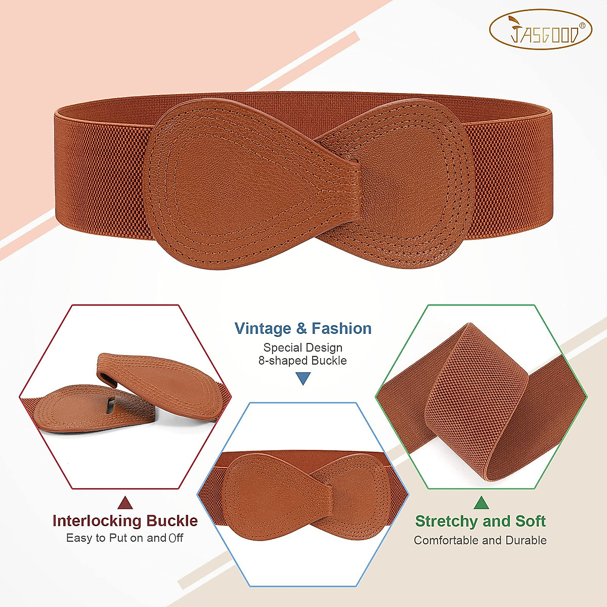 JASGOOD Women Stretchy Belt for Dresses Vintage Elastic Wide Waist Belt, D-Black+White+Brown