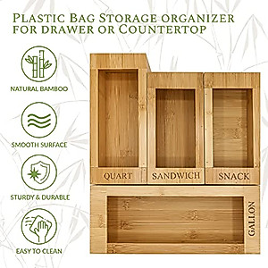 Bamboo Ziplock Baggies Organizer for Drawer - Food Ziplock Bag Storage Organizer - 4 Piece Bamboo Plastic Bag Ziplock Organizer for Drawer - Storage for Gallon, Quart, Sandwich & Snack Bags - LARGER Size Quart Container - Kitchen Ziplock Bag Organizer