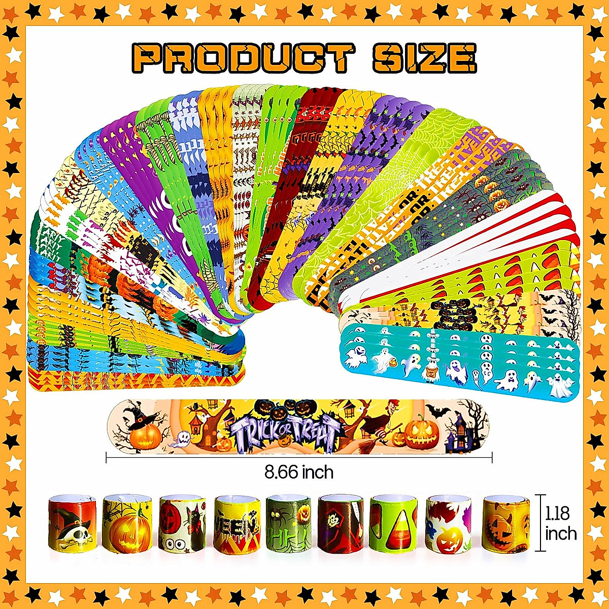 Halloween Slap Bracelets for Kids, 100 Halloween Bracelet Toys Bulk For Kids Girls Boys, Trick or Treat Party Favors, Exchanging Gifts, Classroom Prizes, Halloween Party Gift Treat Bag Filler Supply