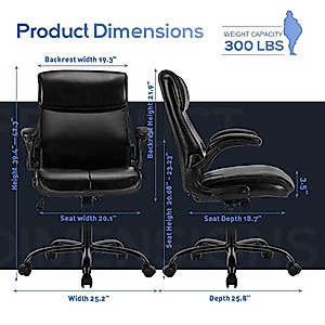 Executive Home Office Chair-Ergonomic Computer Desk Chair with Padded Flip-up Arms, Adjustable Height and Tilt, Soft Leather Office Chair Swivel Rolling for Adult Teens Working, Study, Gaming (Black)