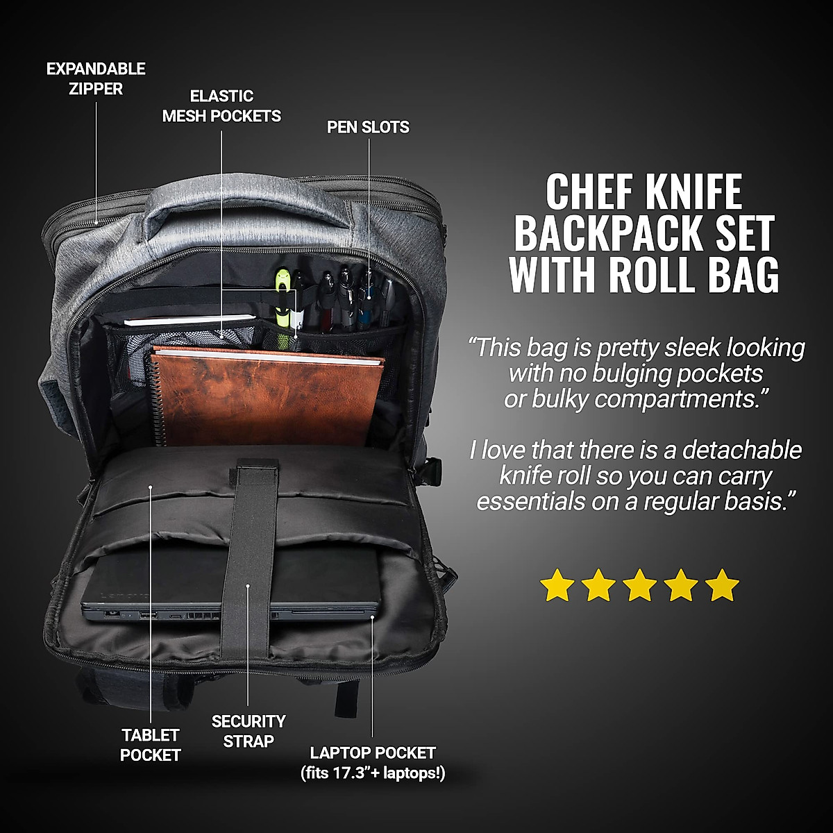 Chef Knife Bag Backpack Set with Knife Roll | Knife Case with 40+ Pockets for Knives and Culinary Tools | Great Knife Bag for Chefs & Culinary Students | Knives & Tools Not Included