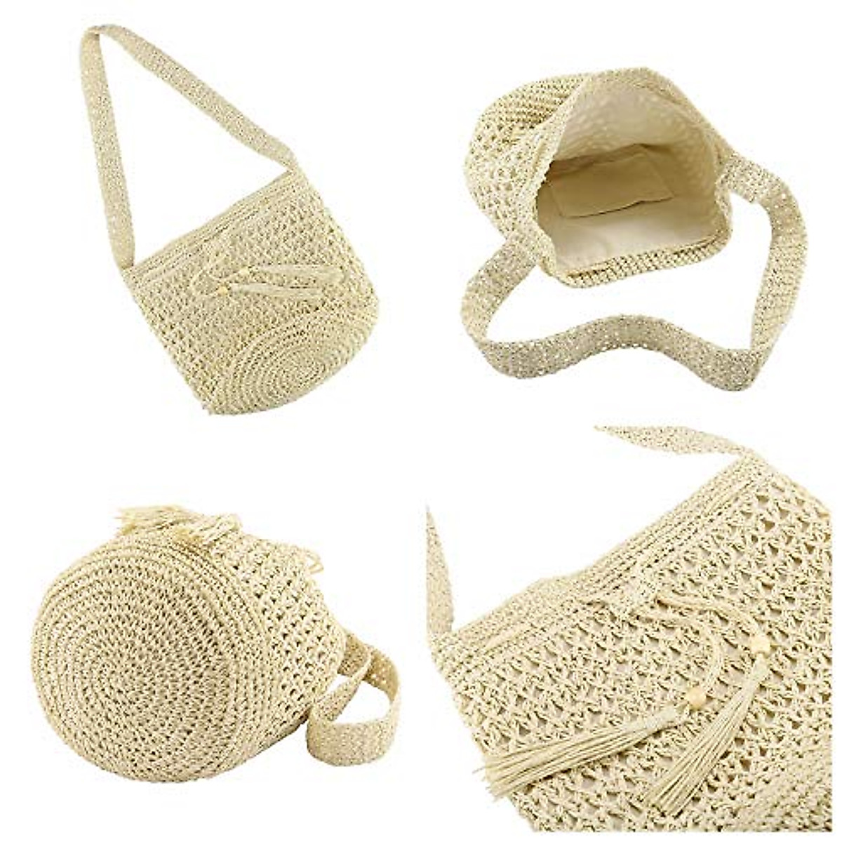 Ayliss Women Beach Handbag Straw Crossbody Shoulder Handbag Summer Beach Handmade Woven Bucket Bag Drawstring with Tassel (Beige)