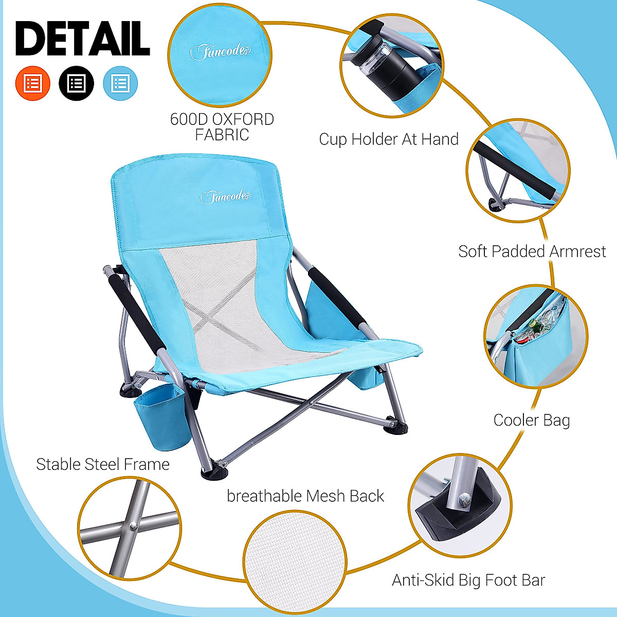 Funcode Low Beach Camping Folding Chair with Cooler bag,Heavy Duty Portable Chair with Carry Bag for Camping, Beach, Picnic, Barbeques, Sporting Event.(BLUE-2)