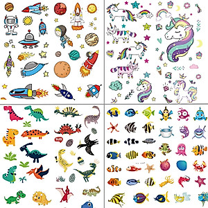 250pcs Temporary Tattoos for Kids Birthday Party - Featured 4 Series of Cute Waterproof Tattoos for Boys Girls, Dinosaurs,Spaceships,Fish,unicorn
