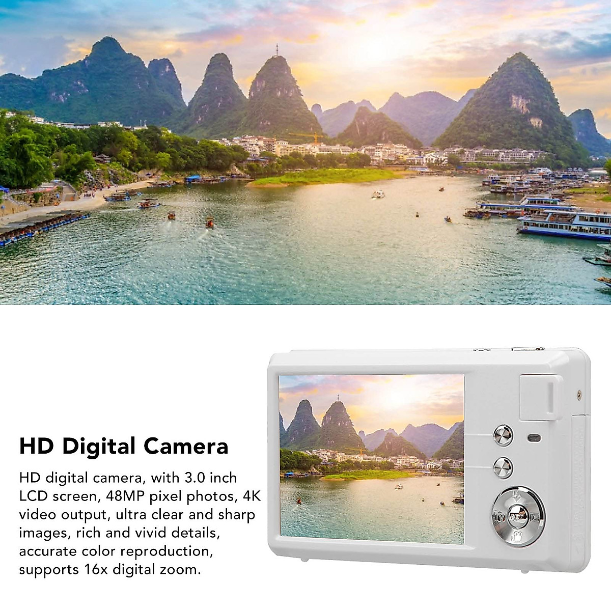 HD 4K Digital Camera for YouTube, 48MP 16X Zoom Vlogging Camera Anti Shaking Small Compact Camera with Wide Angle Lens & Fill Light & Flip Screen for Photography and Video (White)