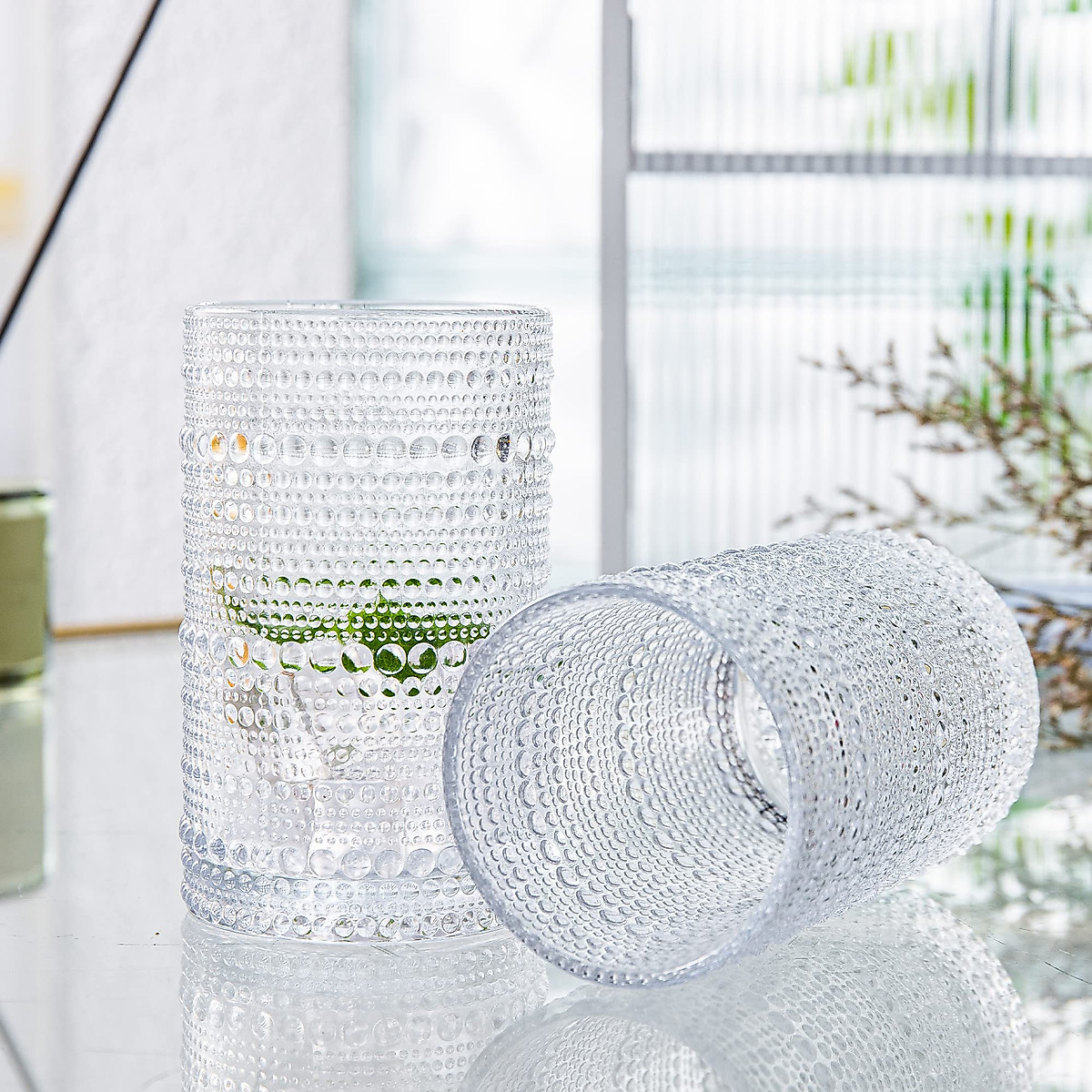 POLIDREAM Hobnail Drinking Glasses Set of 4, Art Deco Vintage Glassware, 12 oz Tall Crystal Tumblers, Clear Embossed Glass Cups, Romantic Iced Beverage Glass, for Beer, Cocktail, Soda, Cappuccino