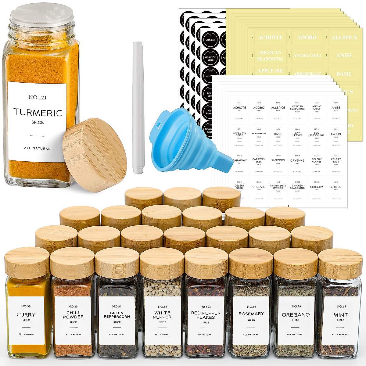 NETANY 24 Pcs Spice Jars with Labels - 4 oz Glass Spice Jars with Bamboo Lids, Minimalist Farmhouse Spice Labels Stickers, Collapsible Funnel, Seasoning Storage Bottles for Spice Rack, Cabinet, Drawer
