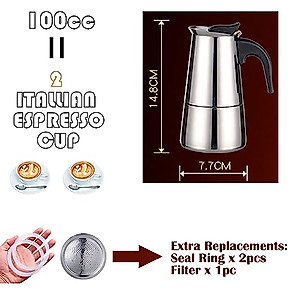 DITOSH Stovetop Espresso Maker Sainless Steel Moka Pot Espresso Maker Percolator Italian Coffee Maker Capable Moka Coffee Machine Cafe Percolator Maker for Home & Camping (2Cup-Straight)