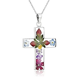 Amazon Essentials Sterling Silver Pressed Flower Multi-Colored Cross Pendant Necklace, 18" (previously Amazon Collection)