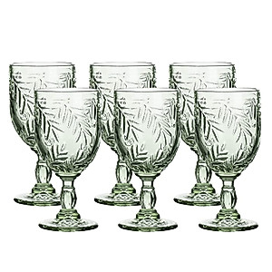WHOLE HOUSEWARES | Coloured Green Vintage Wine Glass Goblet | 8.5 oz Embossed Design | Wedding, Party Glass Set of 6 (Green)