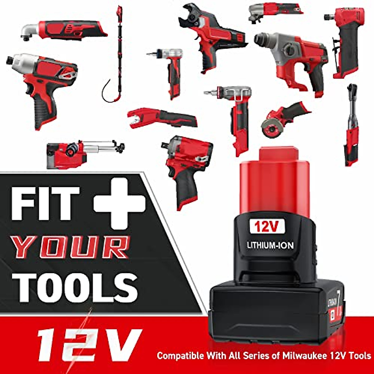 Upgraded 7.0Ah 2Pack M12 Battery for Milwaukee 12V battery for Milwaukee M 12 Lithium-ion Battery 48-11-2460 48-11-2412 48-11-2401 48-11-2440 Battery for 12 Volt High Output M12 XC Tool Battery Pack