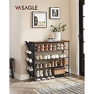 VASAGLE 5 Tier Extra Long Shoe Rack, 39.4 Inches Shoe Organizer with 8 Side Pockets, Shoe Shelf for Closet Entryway, with 4 Fabric Shelves, Steel Frame, Industrial, Rustic Brown and Black ULBS039B01