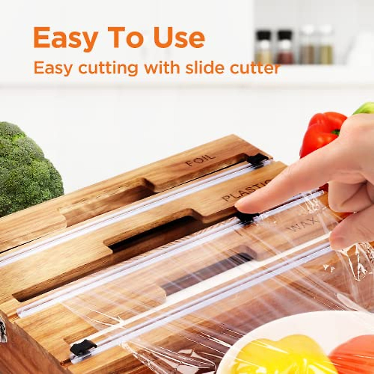 Foil and Plastic Wrap Organizer Acacia Wood 3 in 1 wrap Dispenser with Cutter Aluminum Foil Wax Paper Kitchen Drawer Organizer with Cutter