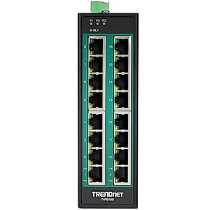TRENDnet 16-Port Hardened Industrial Unmanaged Gigabit 10/100/1000Mbps DIN-Rail Switch w/ 16 Gigabit PoE+ Ports, Lifetime Protection, TI-PG160