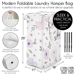 Sweet Jojo Designs Lavender Purple Boho Floral Girl Laundry Hamper Foldable Dirty Clothes Basket with Handles Baby Nursery Kid Bedroom Teen Bathroom Pink Grey Bohemian Farmhouse Shabby Chic Watercolor