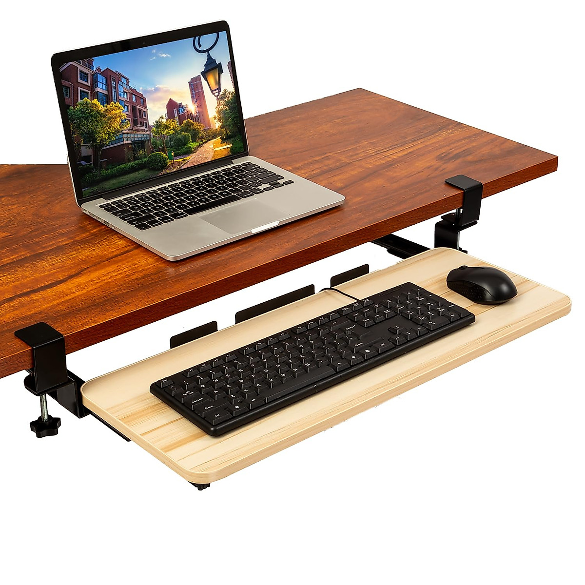 TOKPELA Keyboard Tray Under Desk for Corner L Shaped Desk, Ergonomic Corner Desk Keyboard Tray，Under The Desk Slide Out Computer Keyboard & Mouse Tray， 27.28" W x 11.85" D x 0.83”H (Light Walnut)