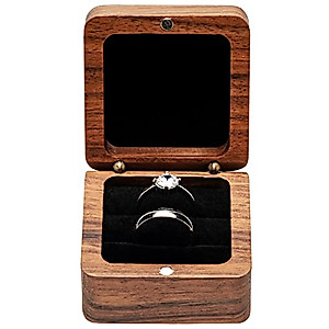 COSISO Square Solid Wood Double Ring Box Case for Wedding Ceremony Engagement Proposal,Wooden Ring Holder for 2 Rings (Black Inner)